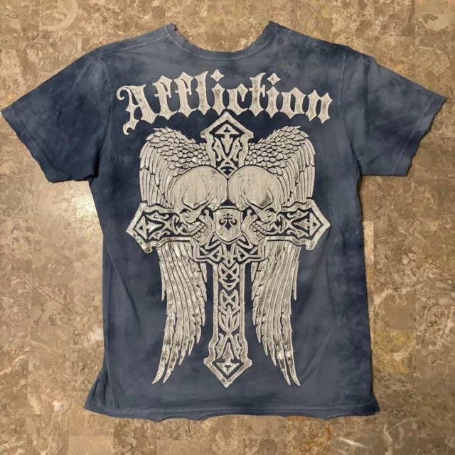 Affliction Shirt Mens Small Blue Crosses Wings Skulls Y2K Grunge Cut ...