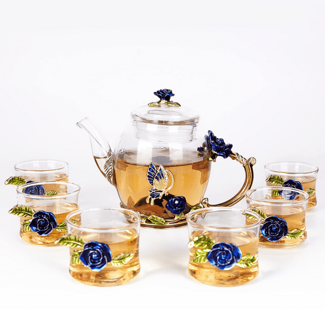 Affogato Flower Glass Teapot with 6 Tea Cup Set Glass Tea Kettle for ...