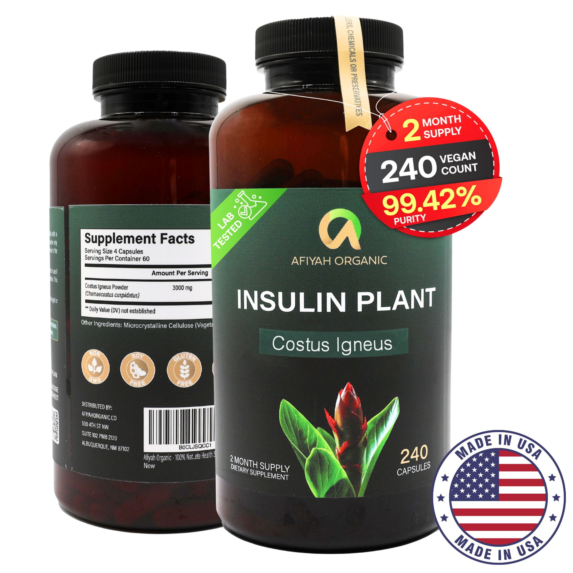 Afiyah Organic - Costus Igneus (Insulin Plant) Capsules, 240 Caps ...