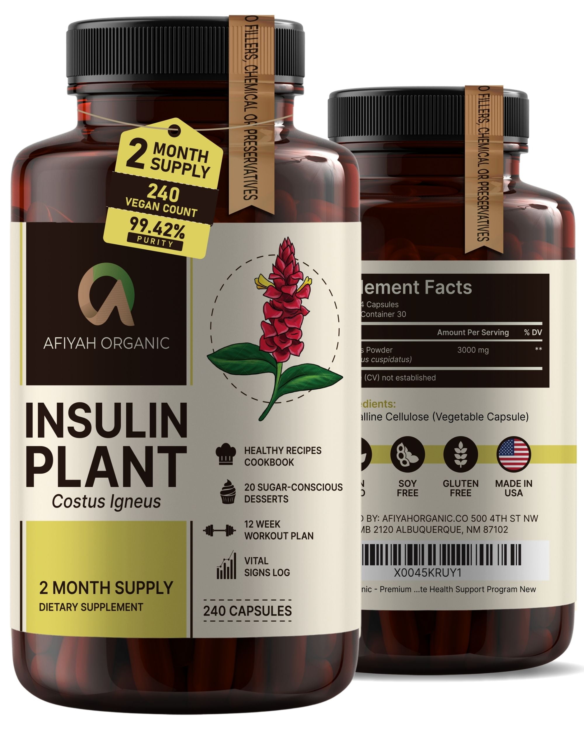 Afiyah Organic - Costus Igneus (Insulin Plant) Capsules, 240 Caps ...