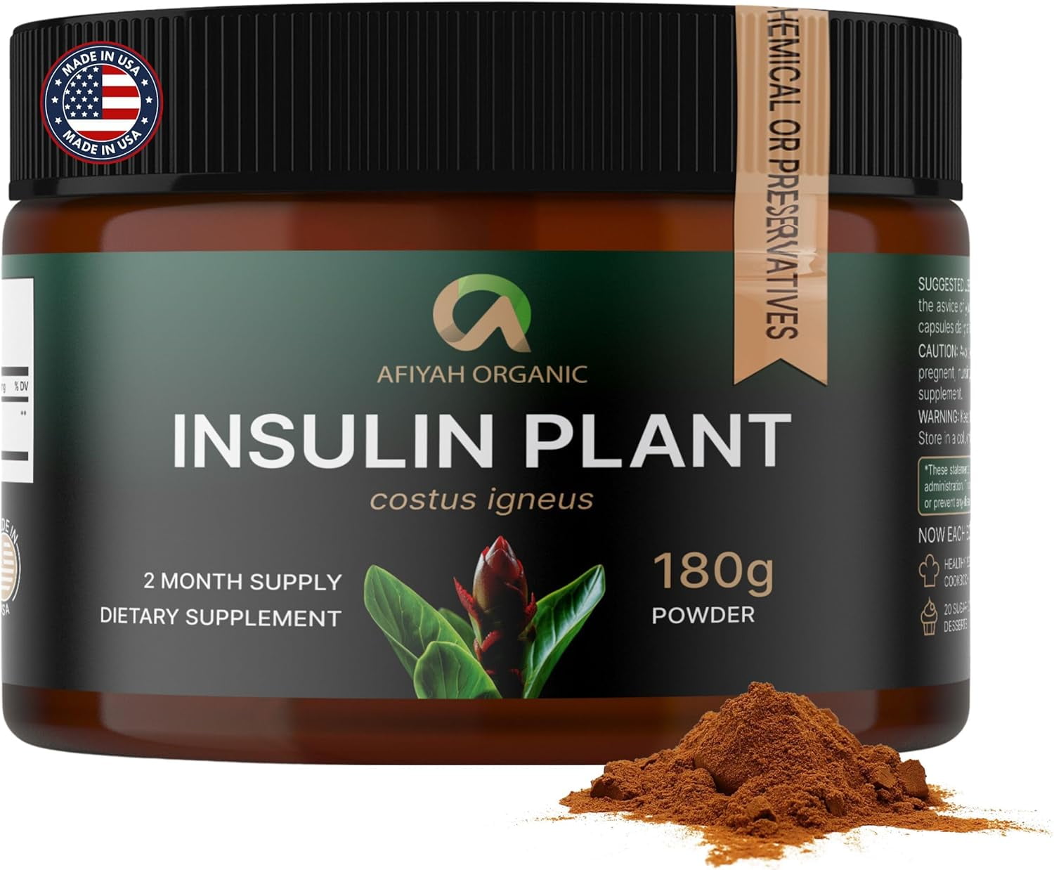 Afiyah Organic - Quality Costus Igneus (Insulin Plant) Powder, 180g ...