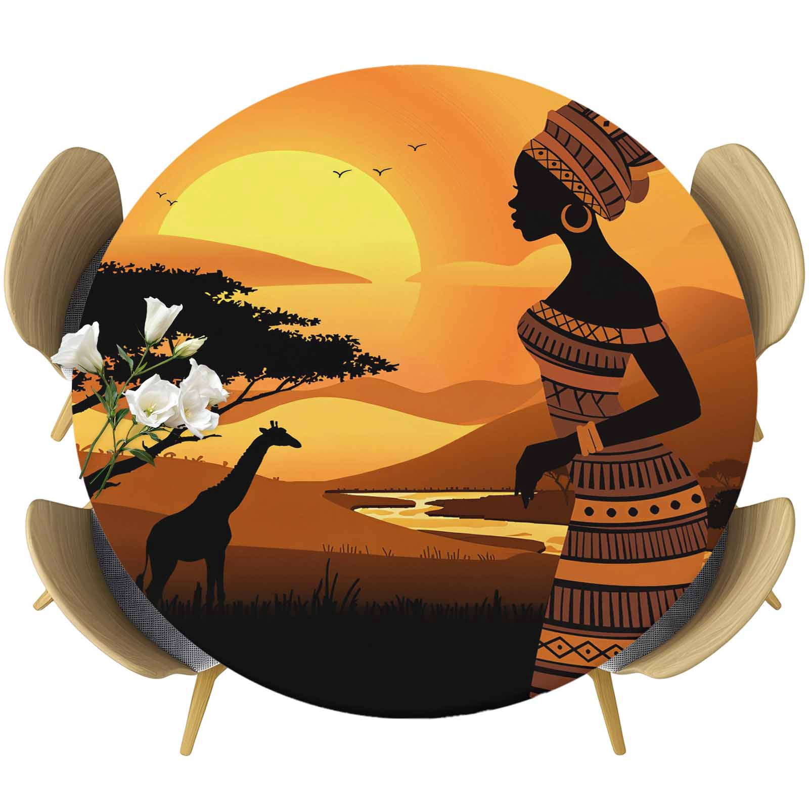 Africa Black Women Round Tablecloth, Fitted Table Cover with Elastic ...