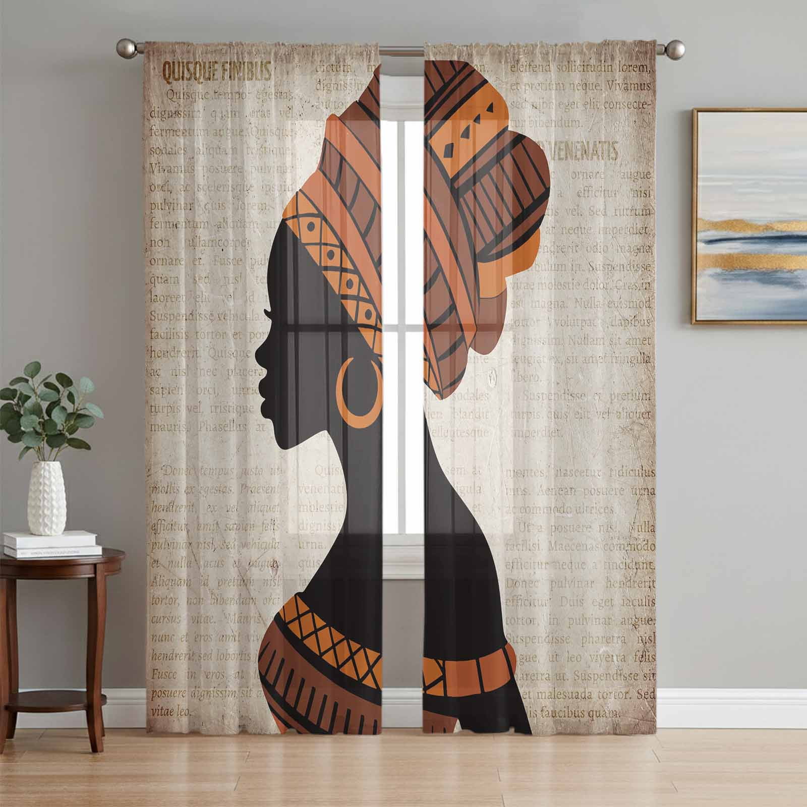 Africa Black Women Semi Sheer Curtains 84 Inch Length 2 Panels Set ...