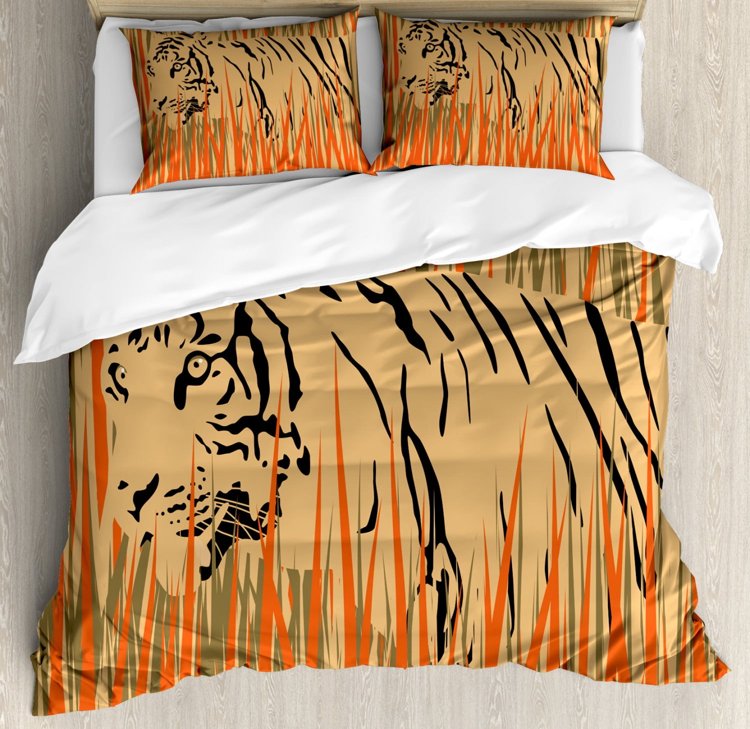 Africa Duvet Cover Set, Tiger in the Bushes Camouflage Carnivore ...