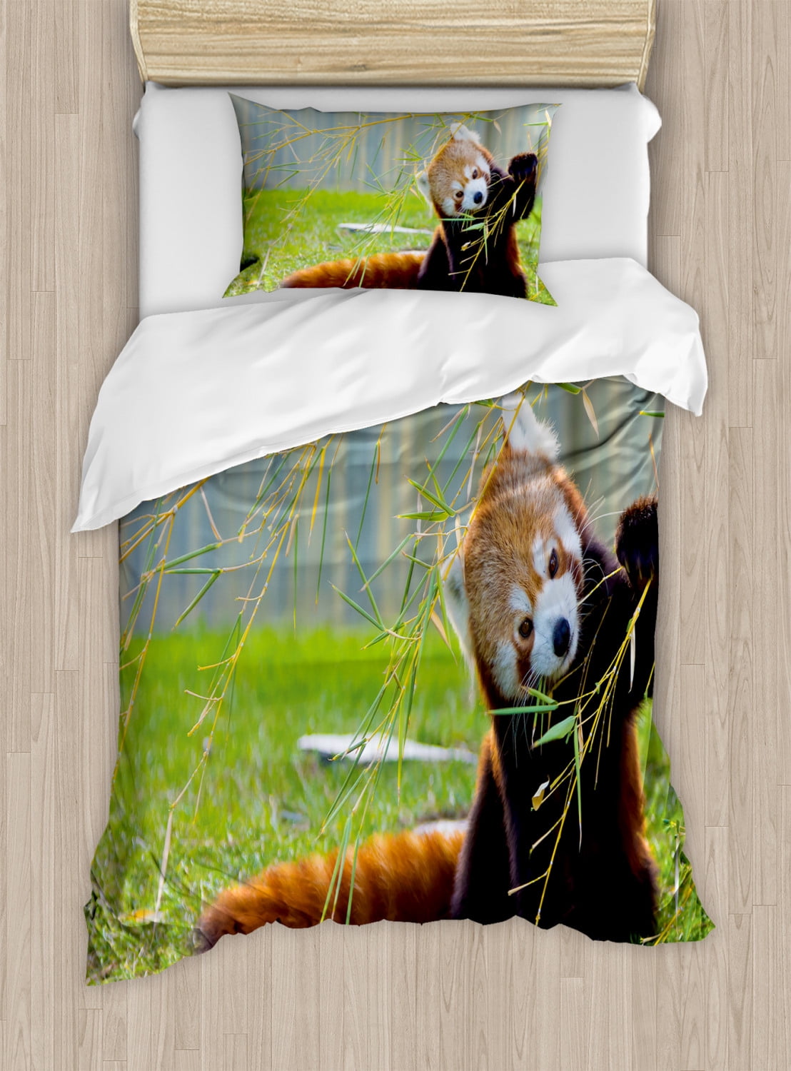 Africa Duvet Cover Set Twin Size, Cute Red Panda on the Field Playing ...