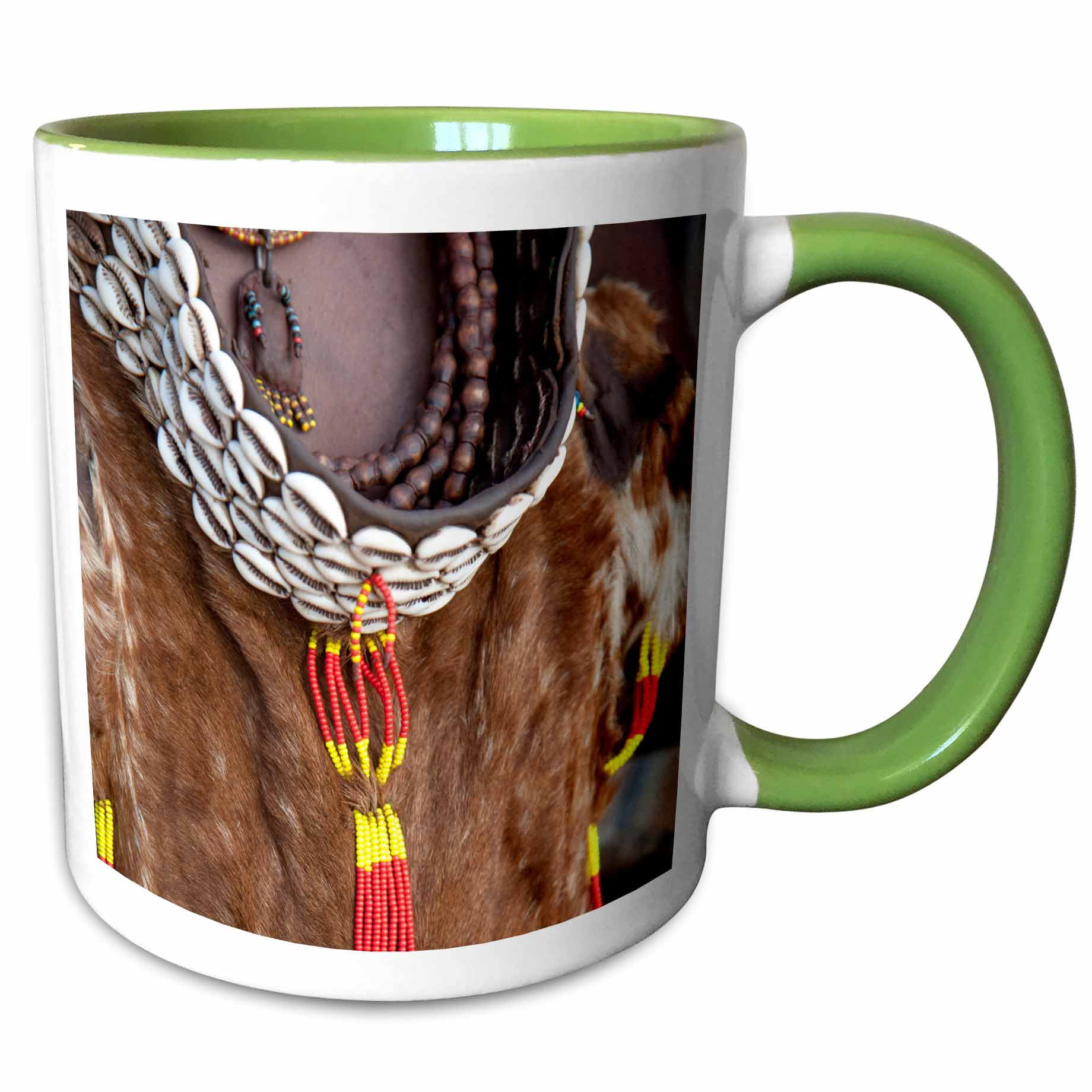 Africa, Ethiopia, Hamer tribe. Beadwork on a goatskin cape worn. 15oz Two-Tone Green Mug mug ...