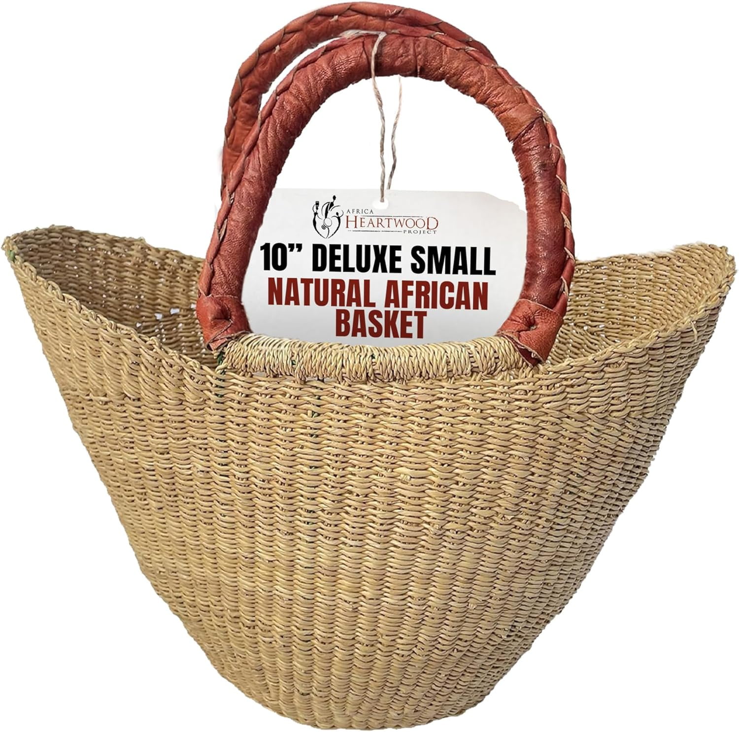 Africa Heartwood Project - Deluxe Small Natural African Shopping Basket with Leather Handle ...