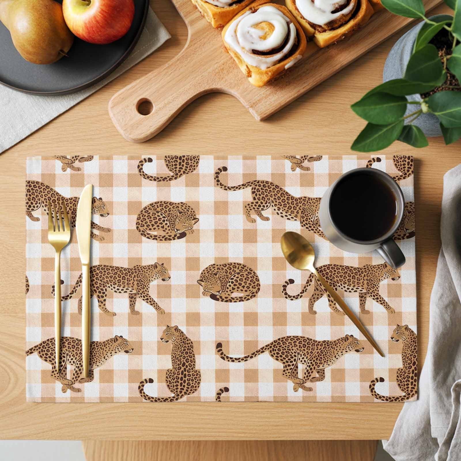 Africa Leopard Animal Placemats Set of 2, Brown White Plaid Abstract ...