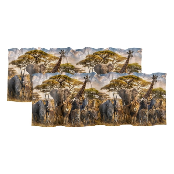 Africa Savannah Wildlife 2 Panels Kitchen Valance, Elephant Lion Zebra ...