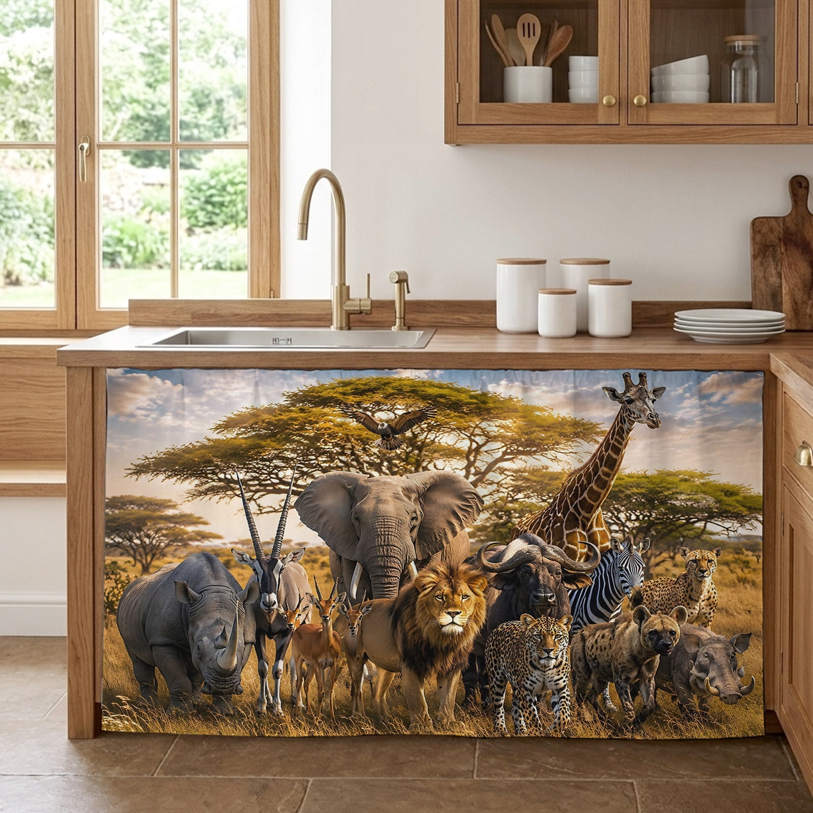 Africa Savannah Wildlife Cabinet Curtains 32" W x 55" L, Elephant Lion ...
