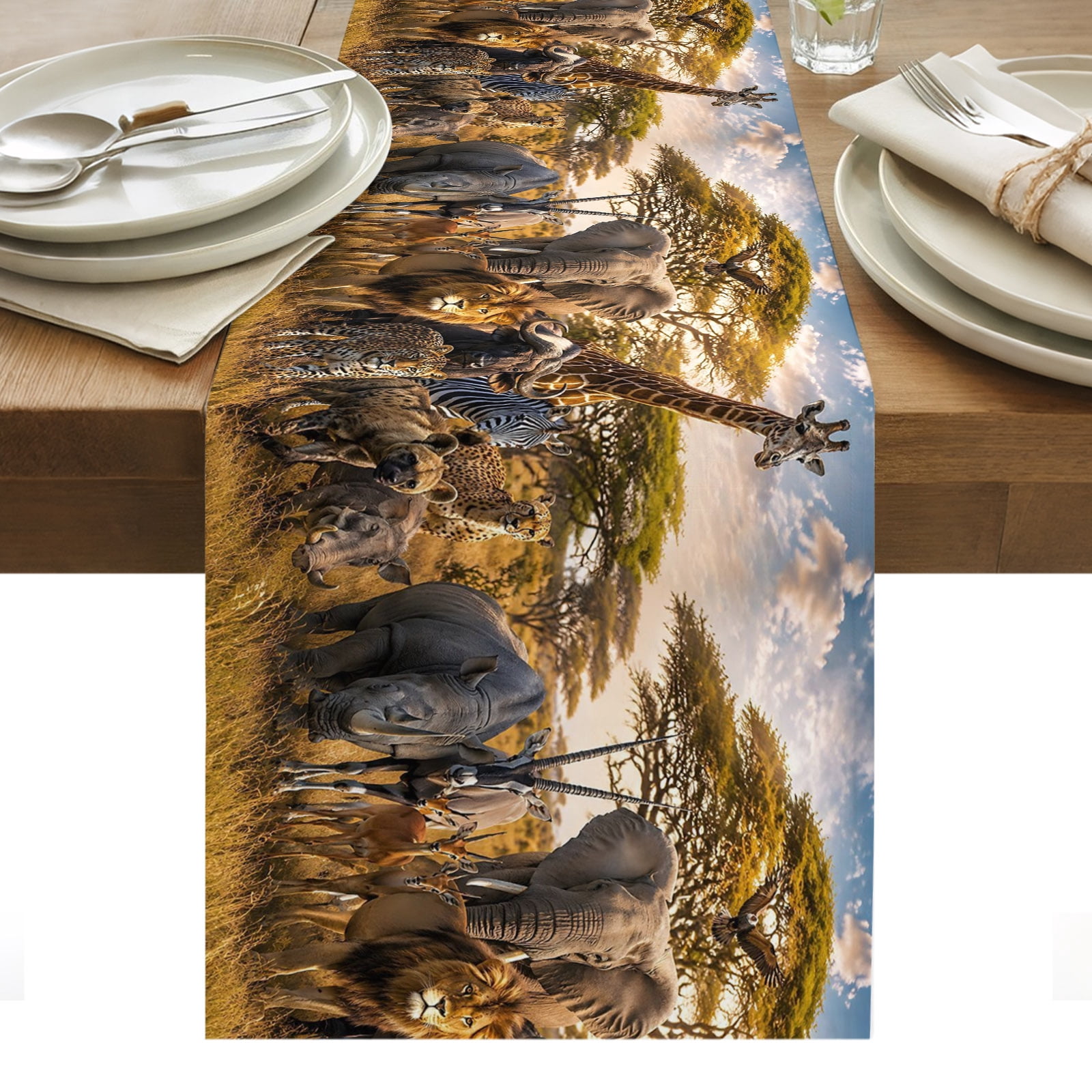 Africa Savannah Wildlife Cotton Linen Table Runner Elephant Lion Zebra ...