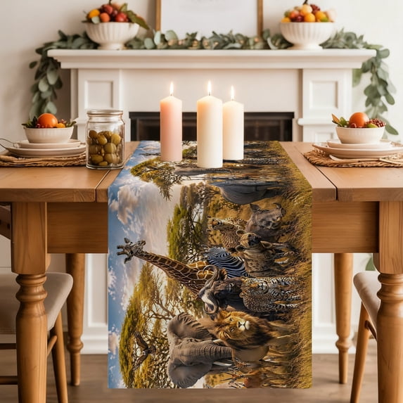 Africa Savannah Wildlife Dining Table Runner, Elephant Lion Zebra ...