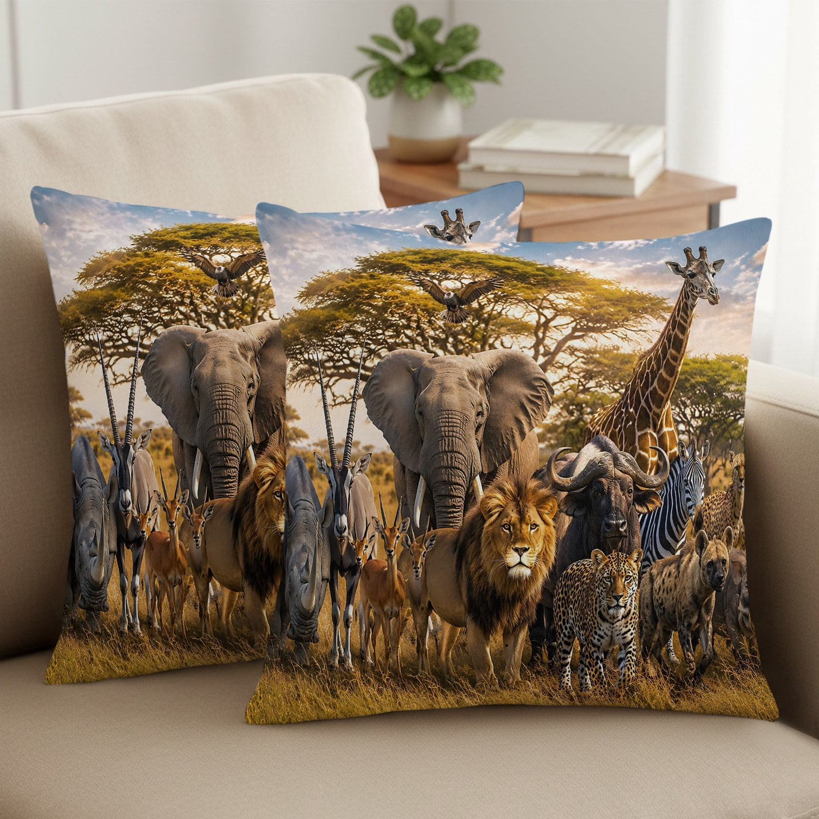 Africa Savannah Wildlife Pillow Covers Set of 2, Elephant Lion Zebra ...