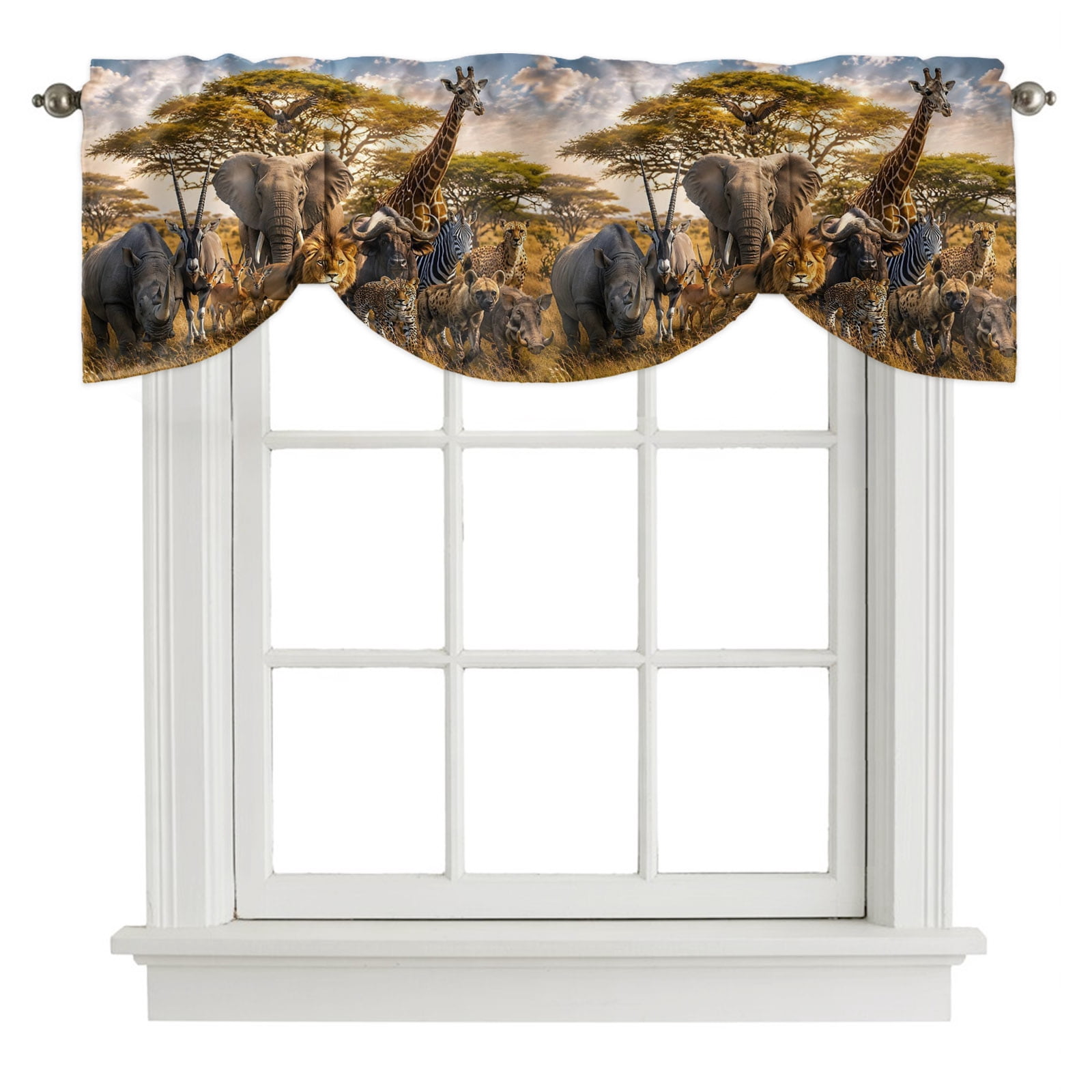 Africa Savannah Wildlife Tie Up Valances Curtain, Elephant Lion Zebra ...