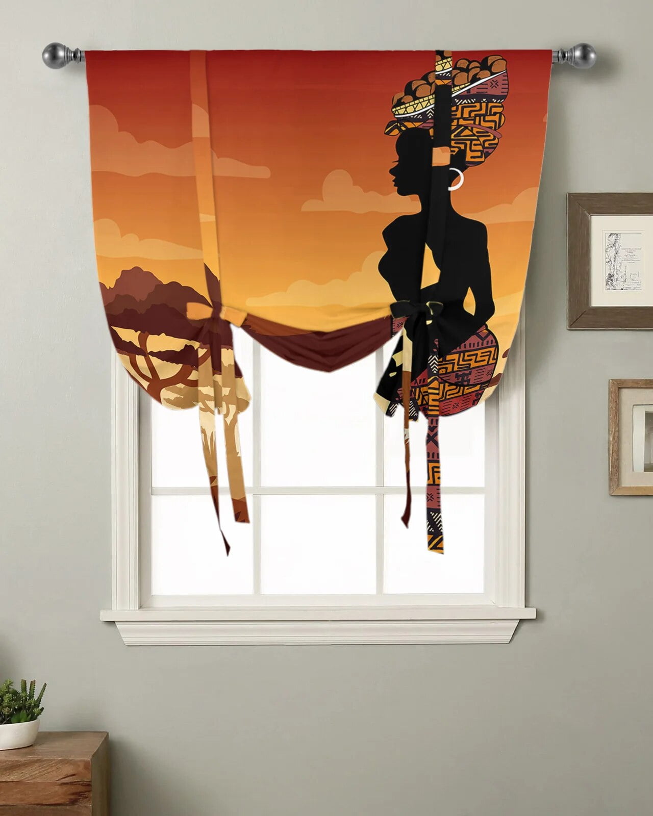 Africa Woman Giraffe Elephant s Kitchen Short Window Curtain Modern ...
