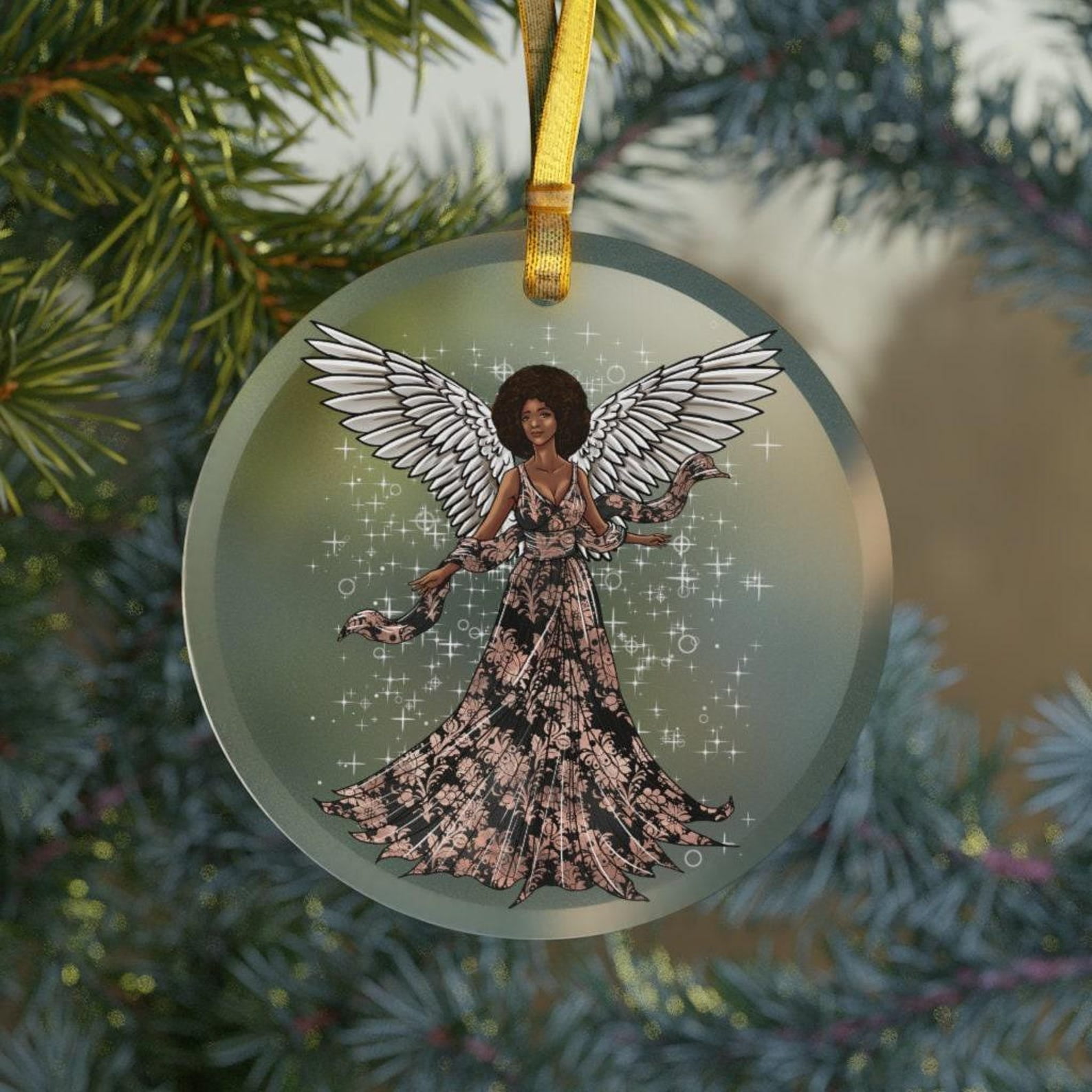 African American Angel Floral Gown Glass Ornament 2025 – Spiritual ...