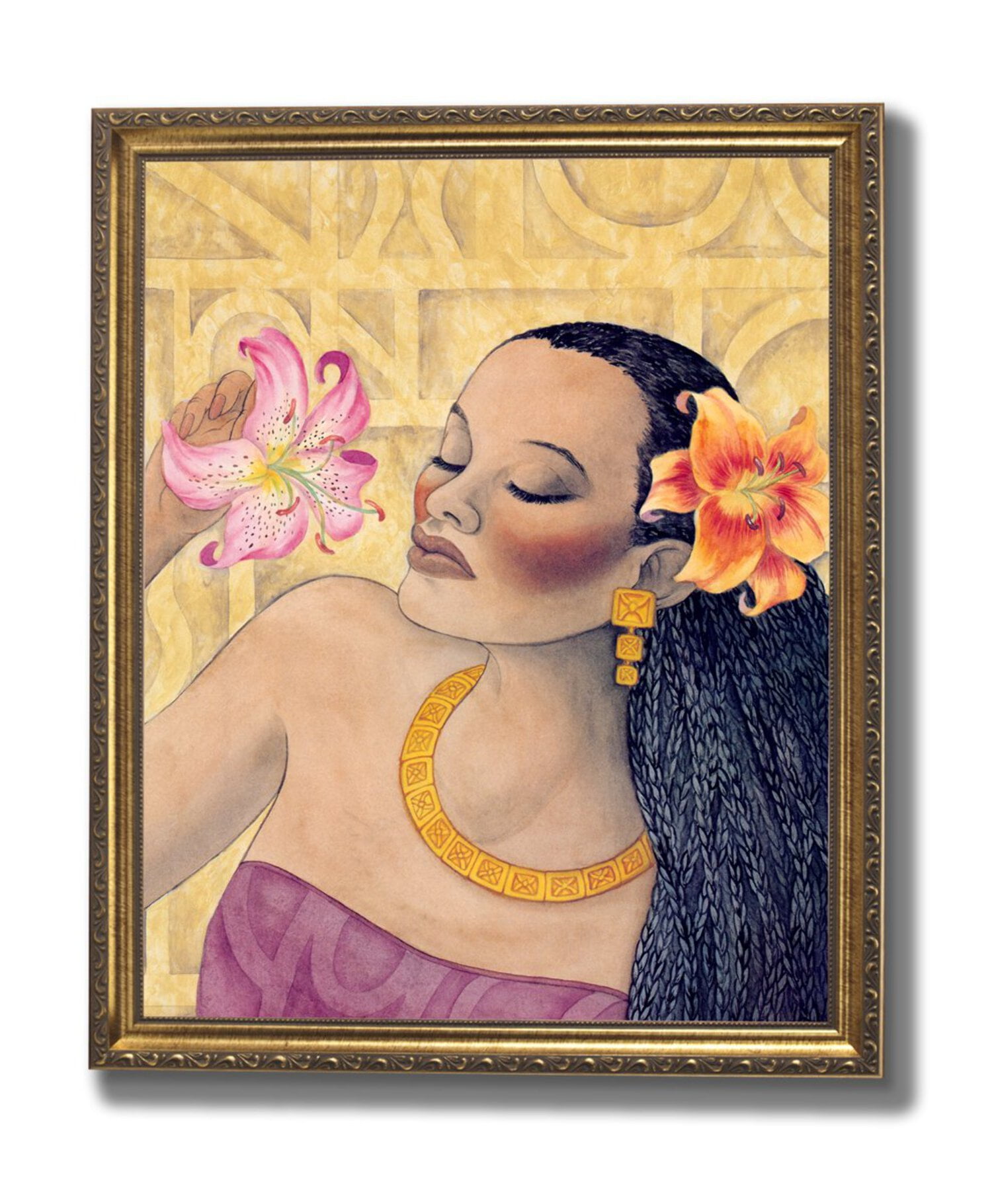 African American Black Girl And Flowers Contemporary Wall Picture Gold ...