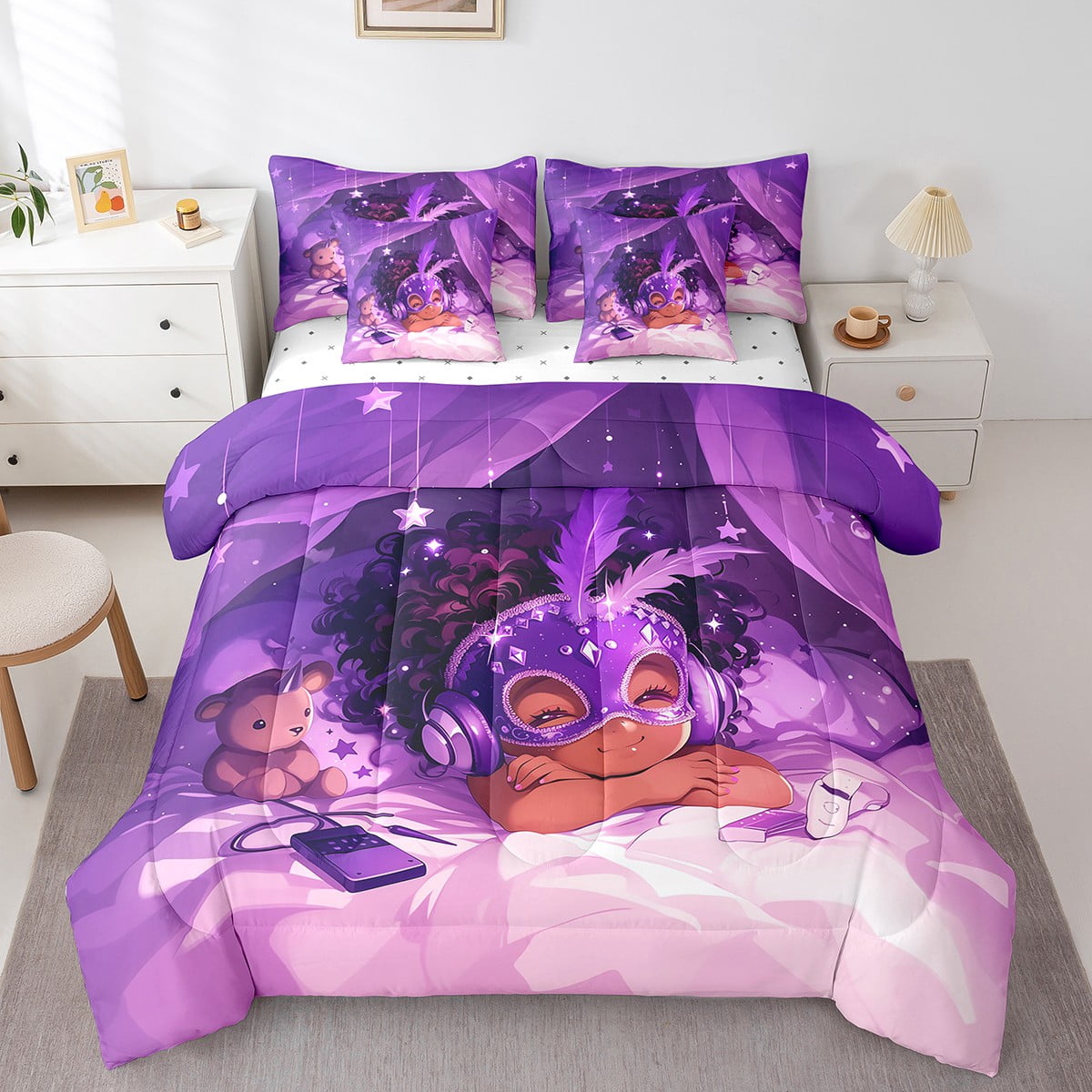 American Black Bedding Set,Kawaii Black Magical Bed In A Bag 7 Piece Cute Afro Melanin Princess ...