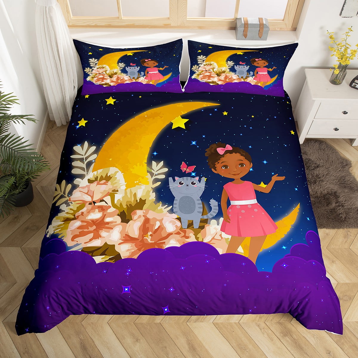 African American Black Girl Bedding Set King Size,Blue Starry Sky Duvet ...