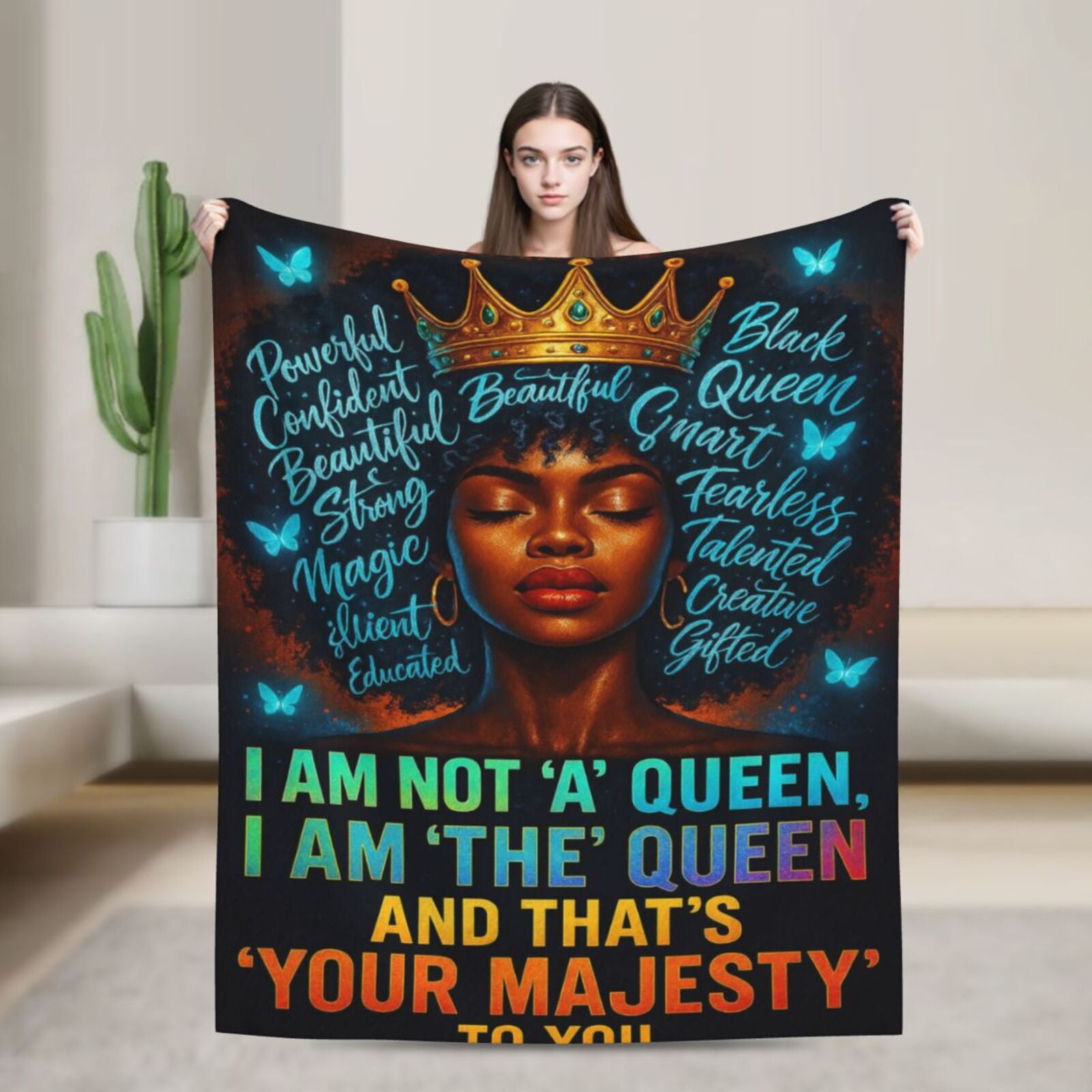African American Black Girl Lady Blanket I AM The Queen Print Gifts for ...