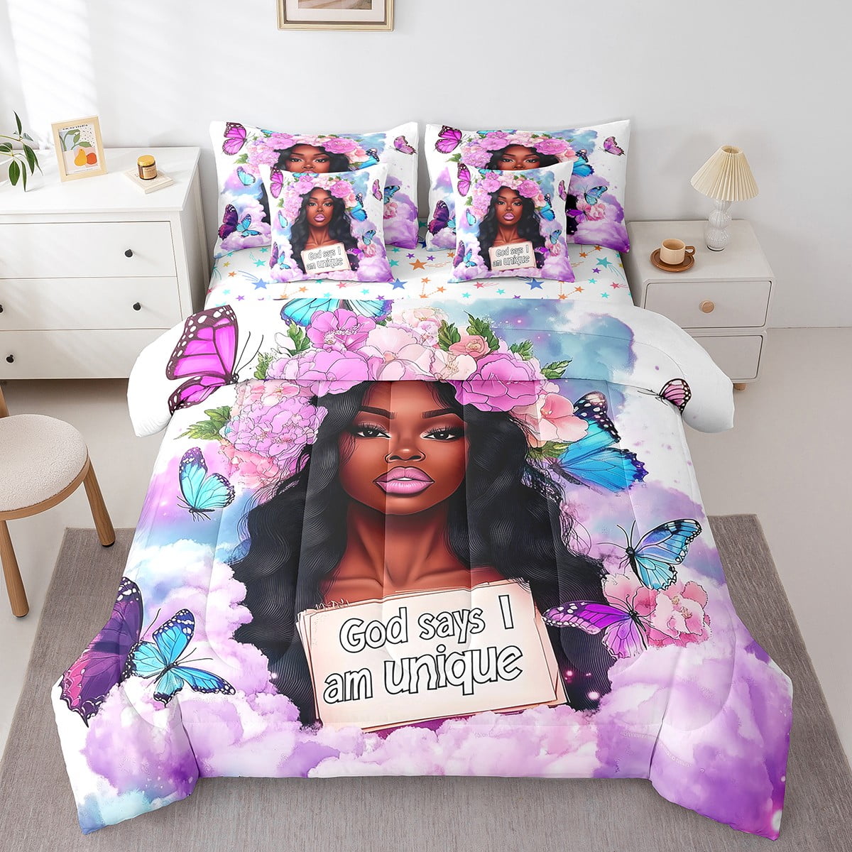 African American Black Girls Bedding Sets 7 Piece Blue Purple Butterfly ...