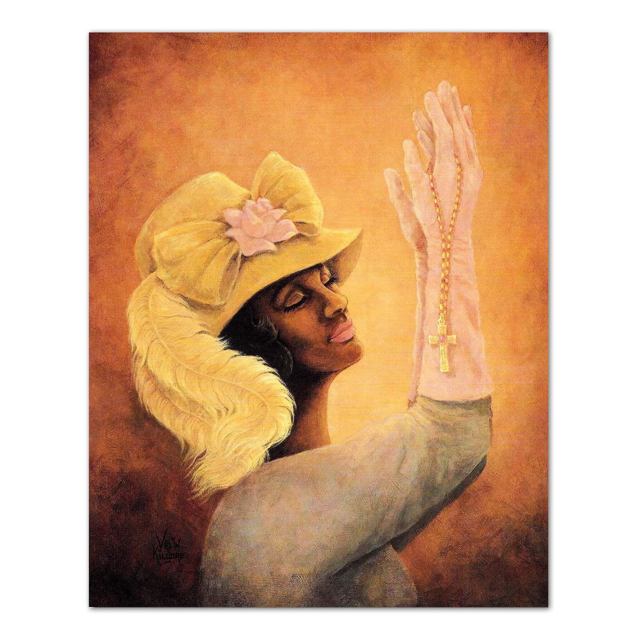 African American Black Woman Feather Hat Church Praying with Cross Wall ...