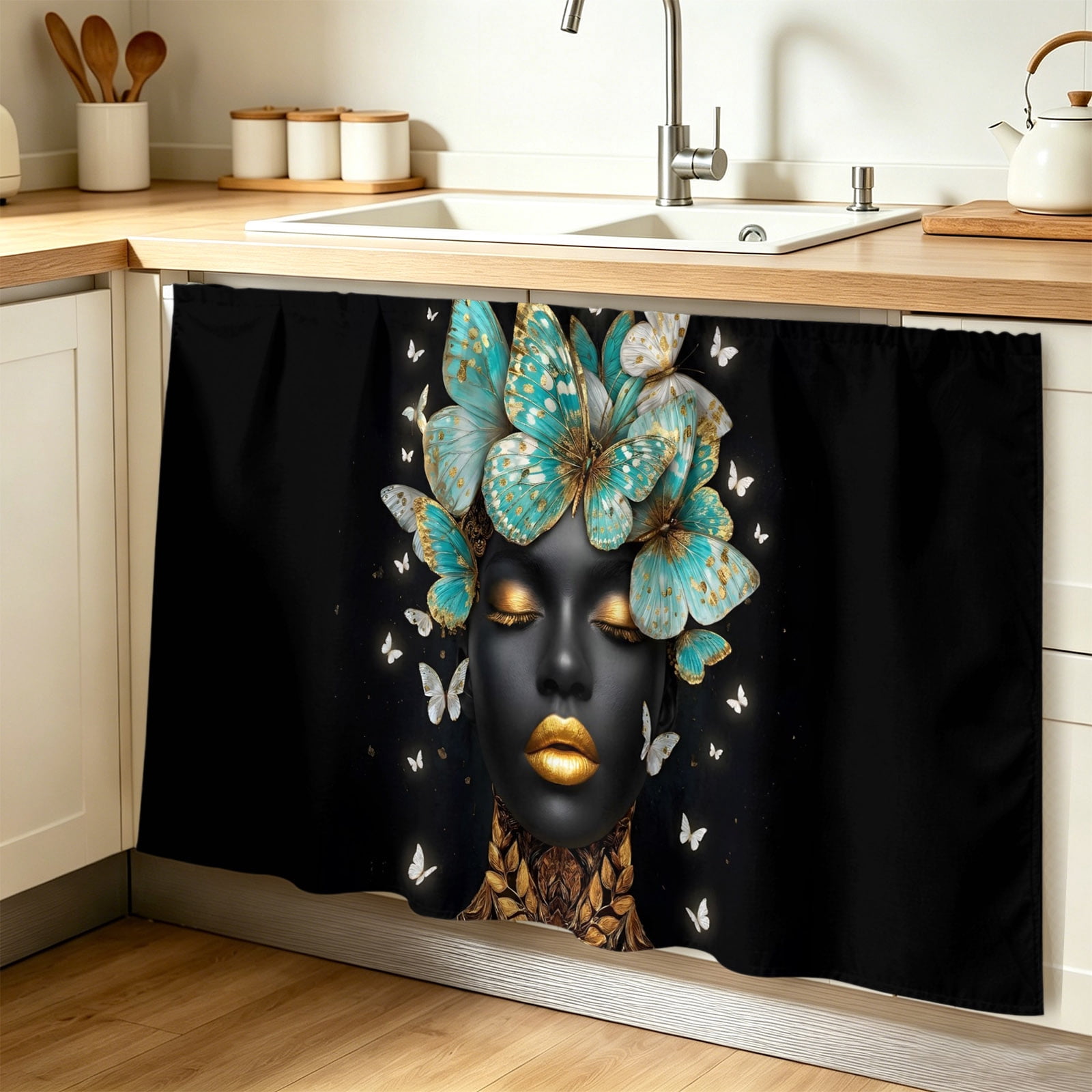 African American Cabinet Curtain 28"W x 51"L, Black Women Portrait ...