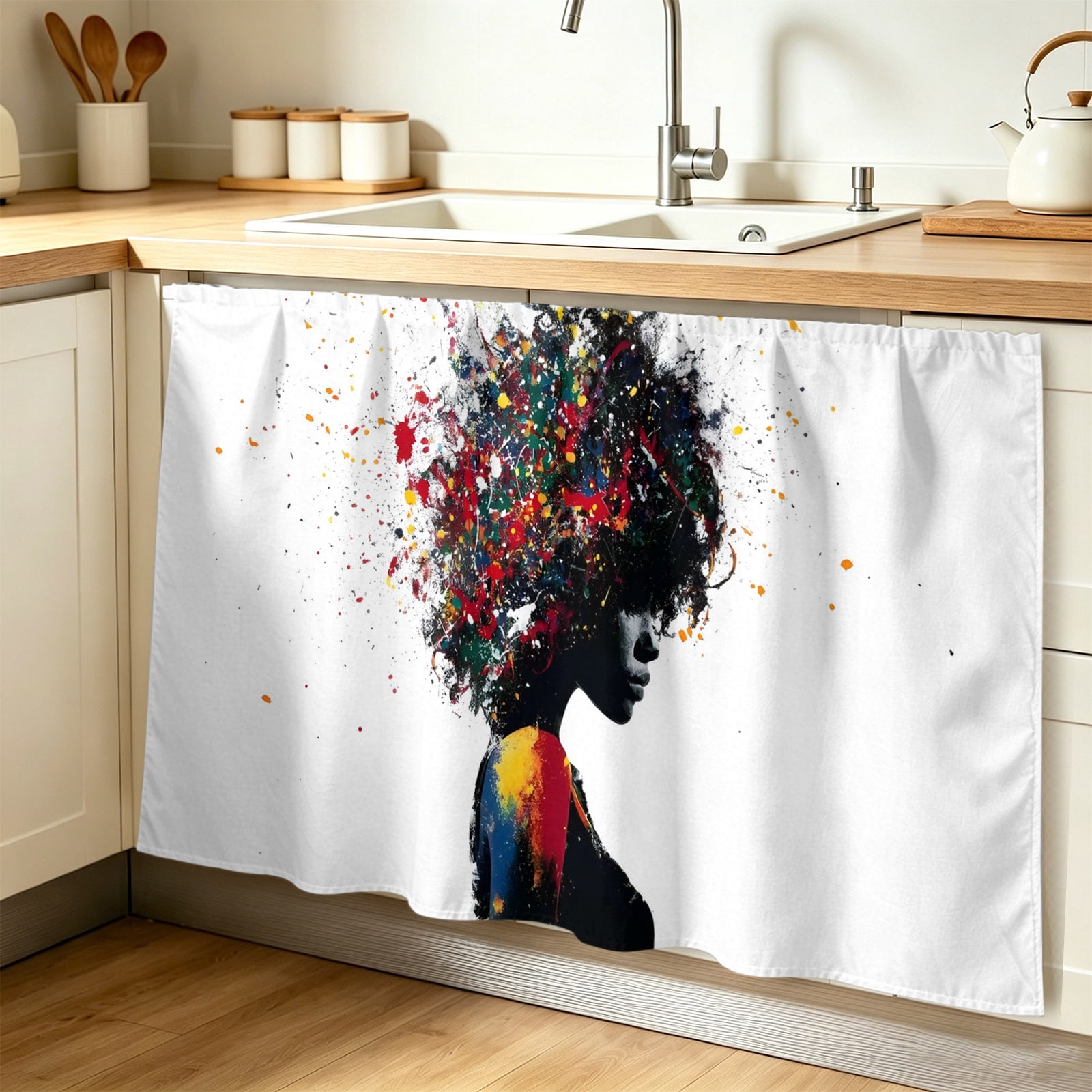 African American Cabinet Curtain 28"W x 51"L, Female Portrait Colorful ...