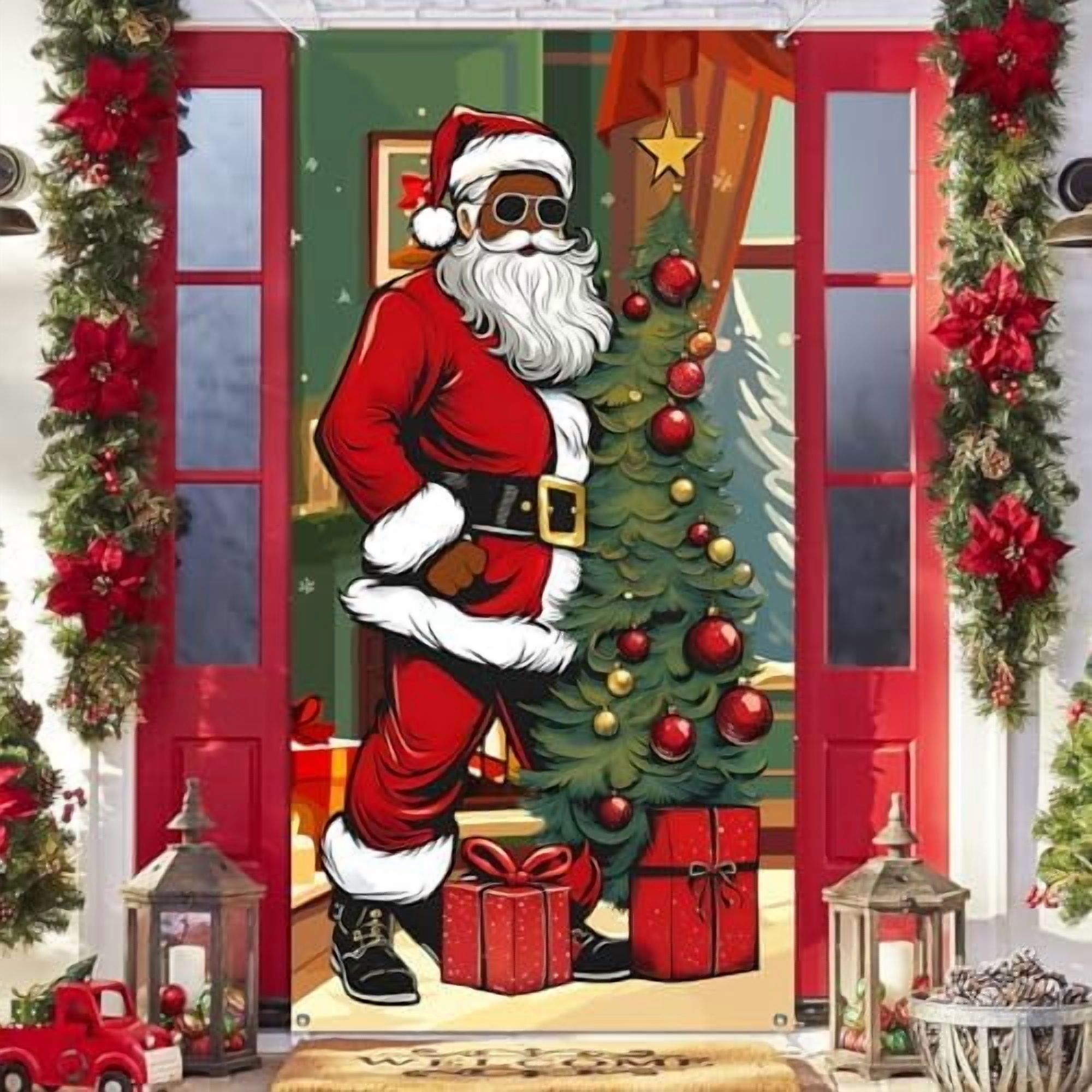 African American Christmas Decorations Black Santa Claus Door Cover ...