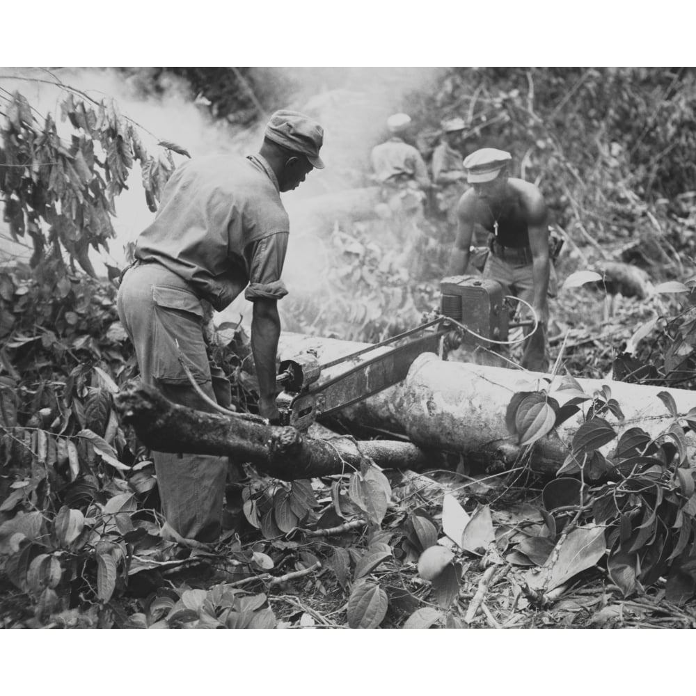 African American Combat Engineers Use A Motor-Driven Saw To Remove ...