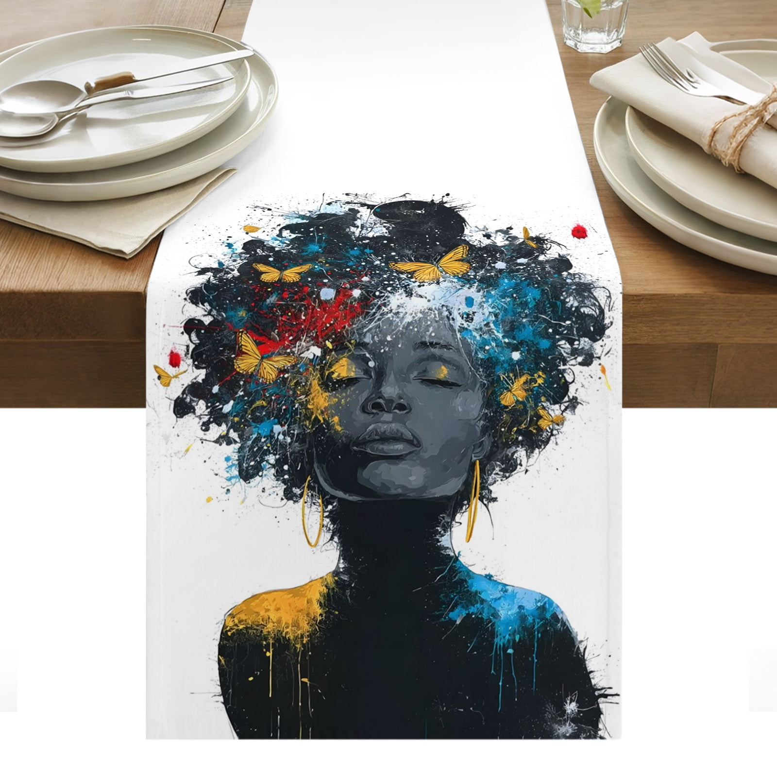 African American Cotton Linen Table Runner Female Portrait Butterfly ...