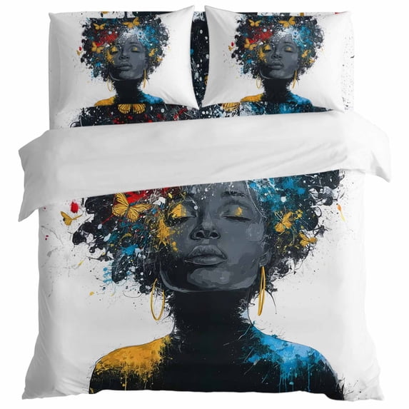African American Duvet Cover Set Twin Size, Female Portrait Butterfly ...