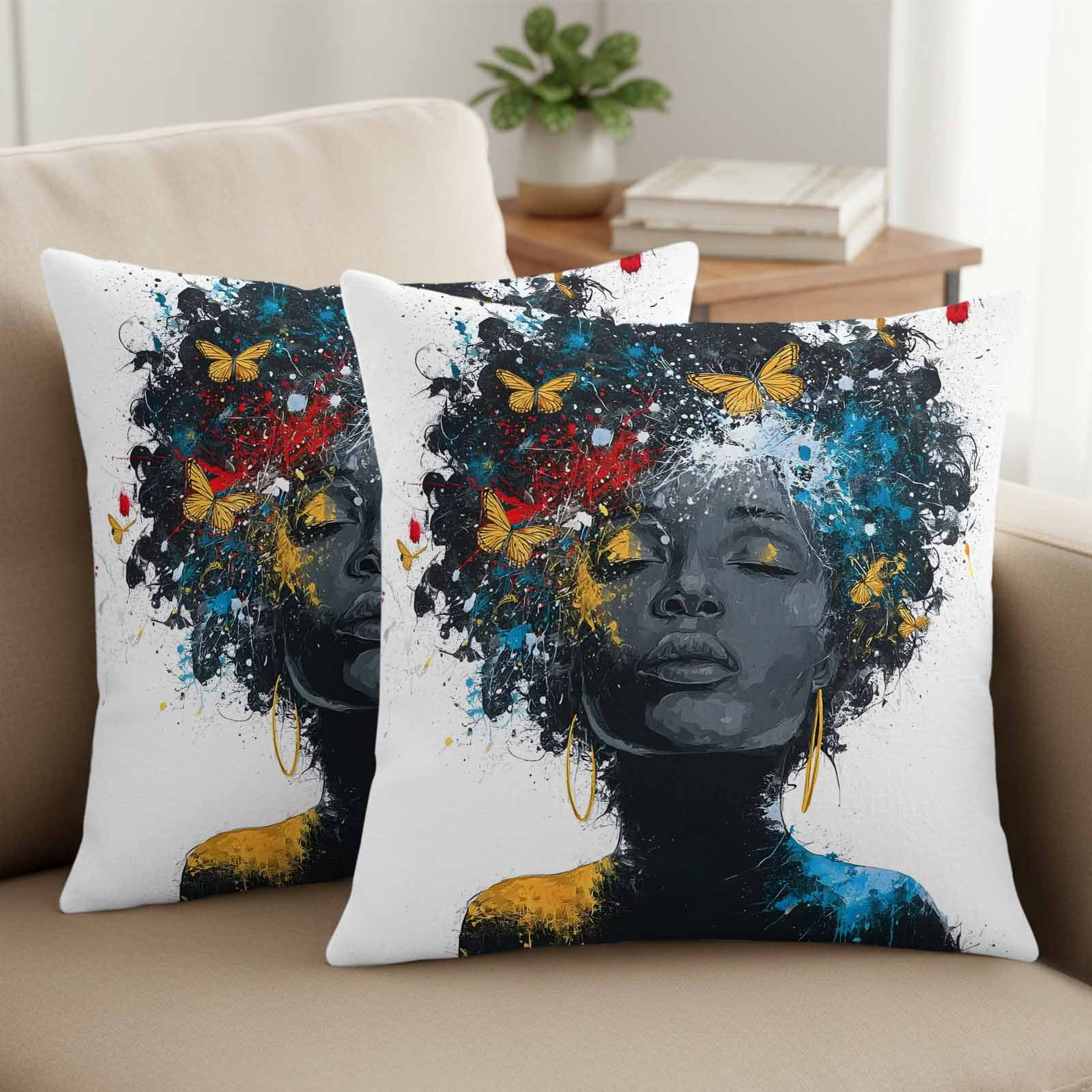 African American Pillow Covers Set of 2, Female Portrait Butterfly ...