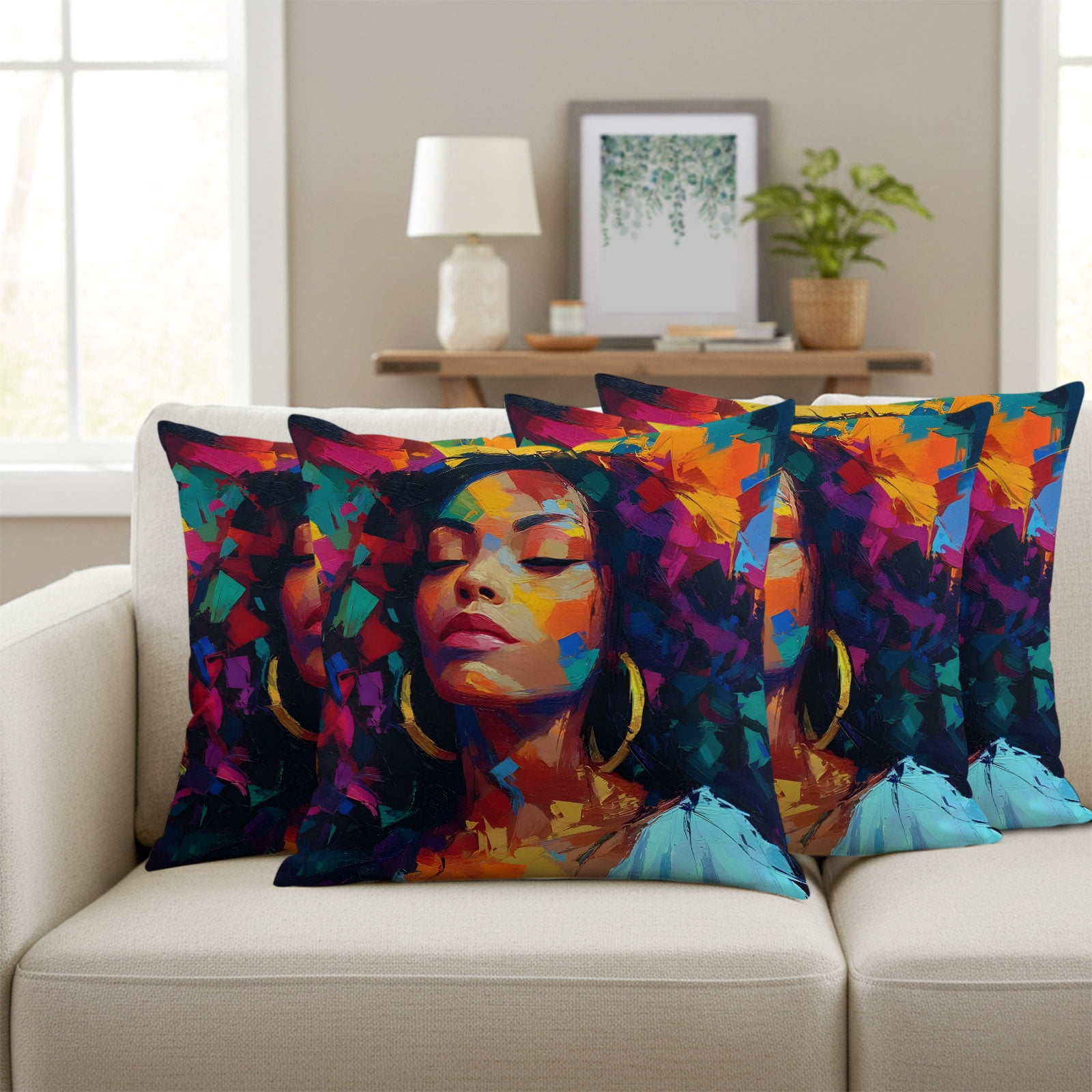African American Pillow Covers Set of 4, Colorful Abstract Black Woman ...