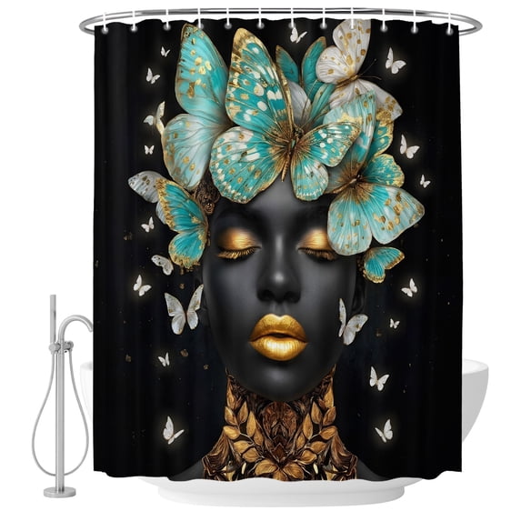 African American Shower Curtain for Bathroom, Woman Portrait Butterfly ...