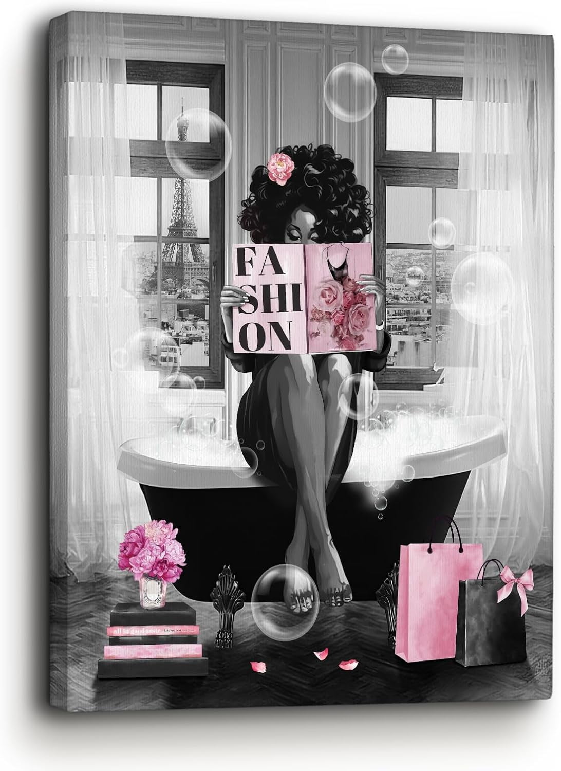 African American Wall Art Black Girl In Bathtub Reading Bathroom Decor Canvas Wall Art Poster ...