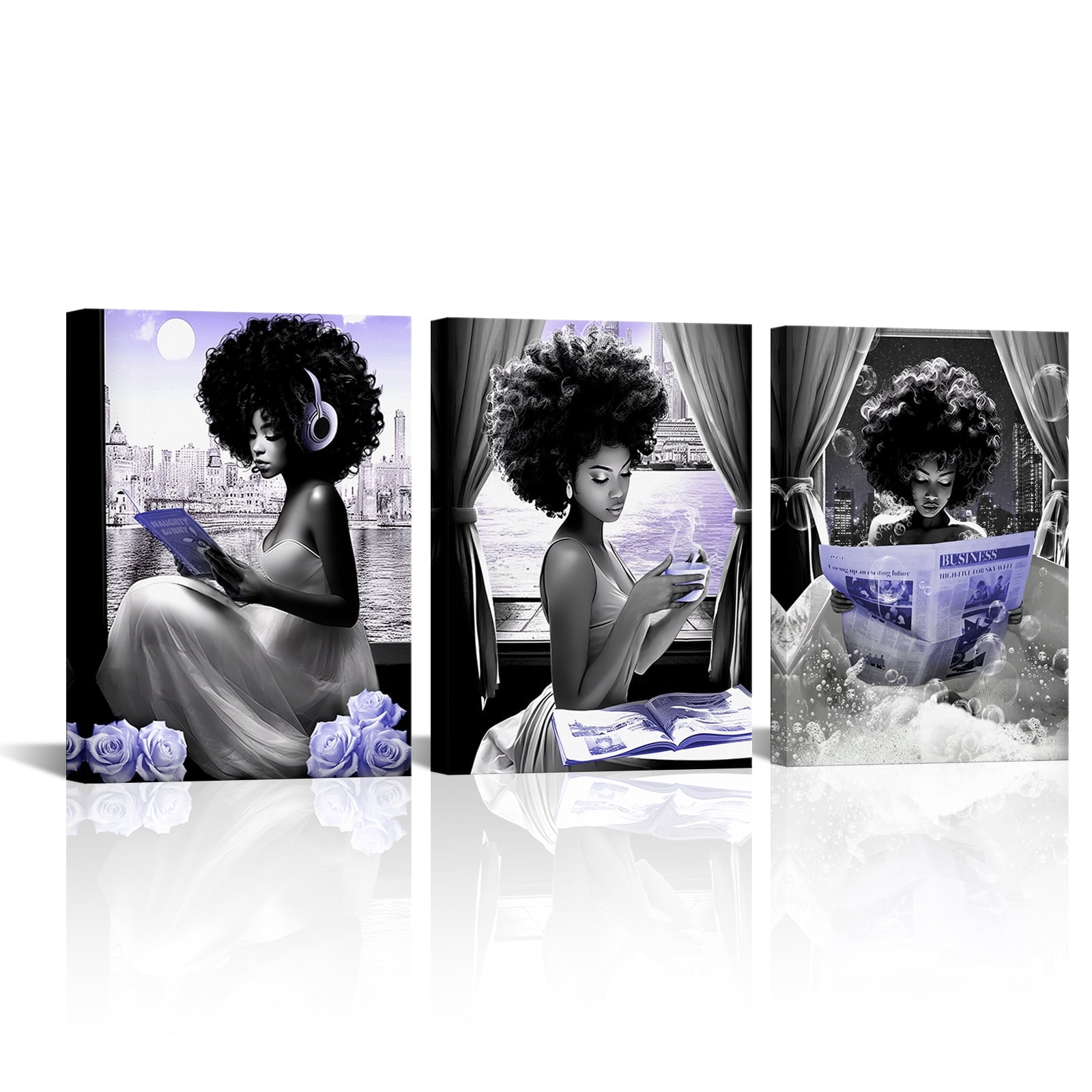 African American Wall Art Fashion Black Girl Wall Art Grey and Purple Bathroom Wall Decor Afro ...