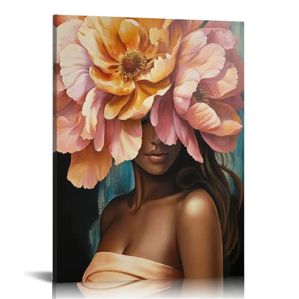 African American Wall Art Pink Flower on Black Women Head Art Paintings Modern Abstract Girl ...