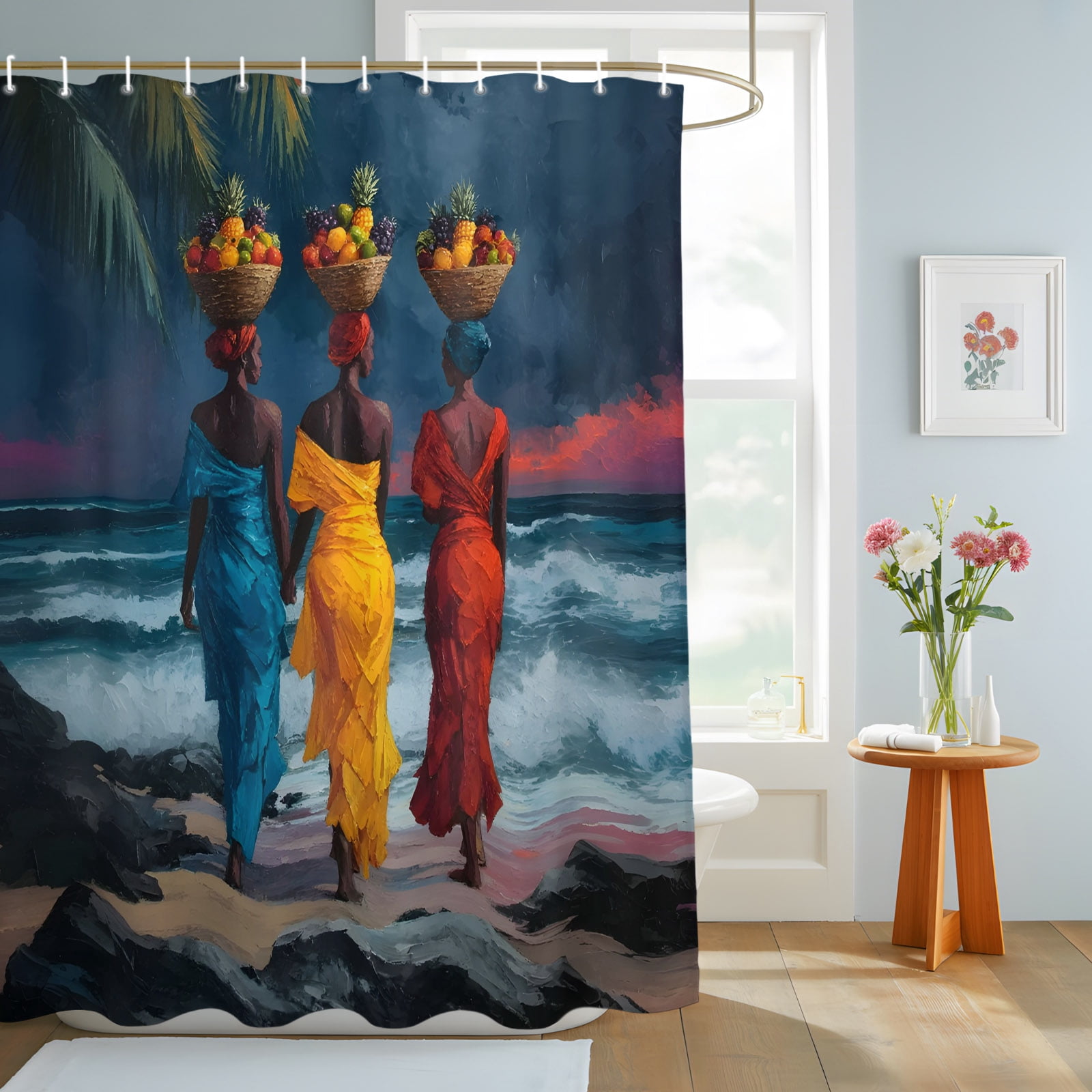 African American Woman Shower Curtain, Coastal Ocean Blue Yellow Red ...