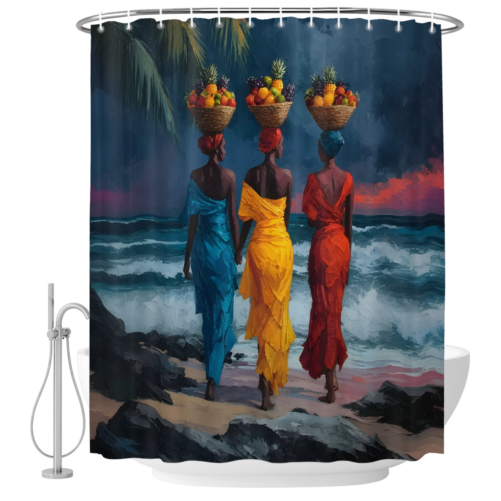 African American Woman Shower Curtain Set with Hooks, Coastal Ocean ...