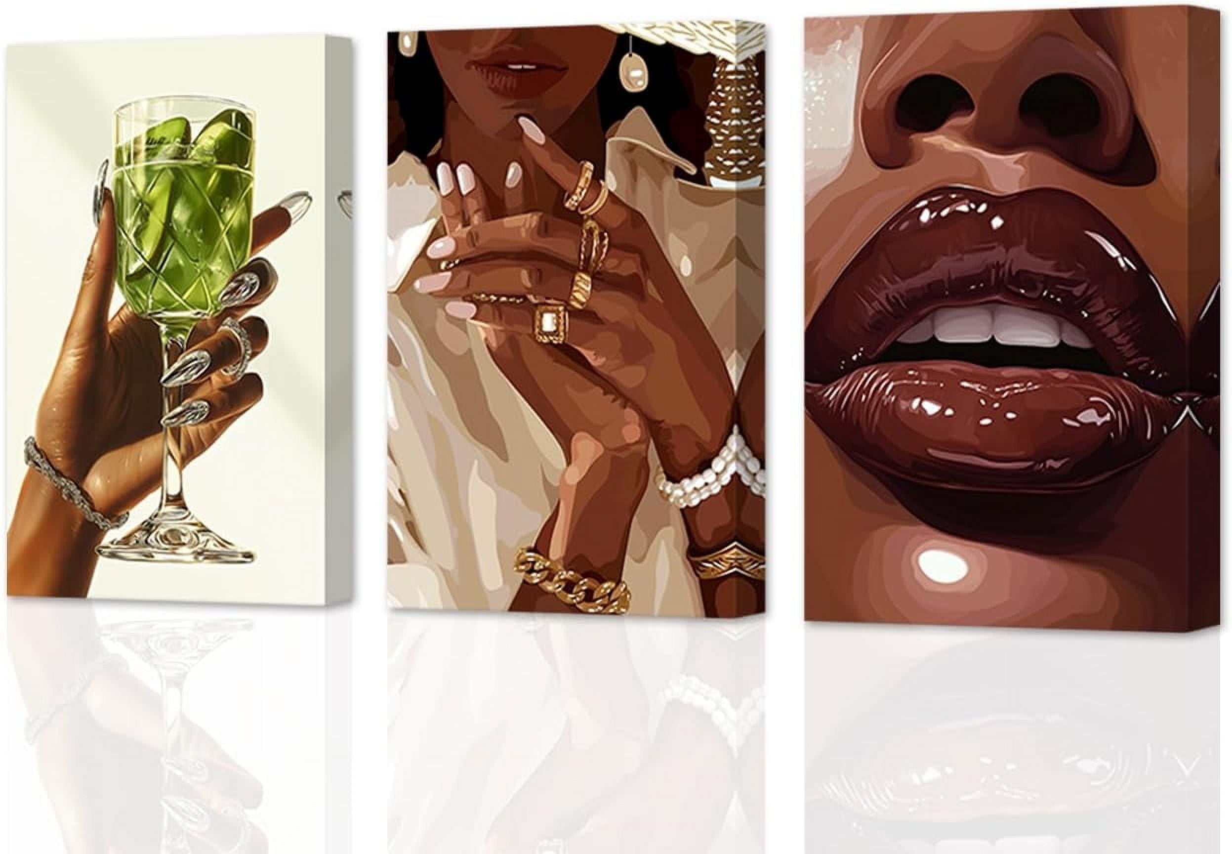 African American Woman Wall Art Black Girl Canvas Art 3 Pieces Abstract Fashion Female Pictures ...