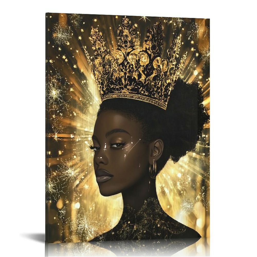 African American Woman Wall Art Black Girl Queen Pictures Gold Canvas Wall Decor Fashion Female ...