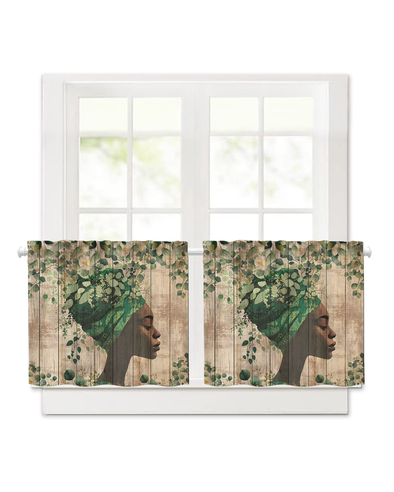 African-American Women Plant on Wooden Short Blackout Curtains 30 Inch ...