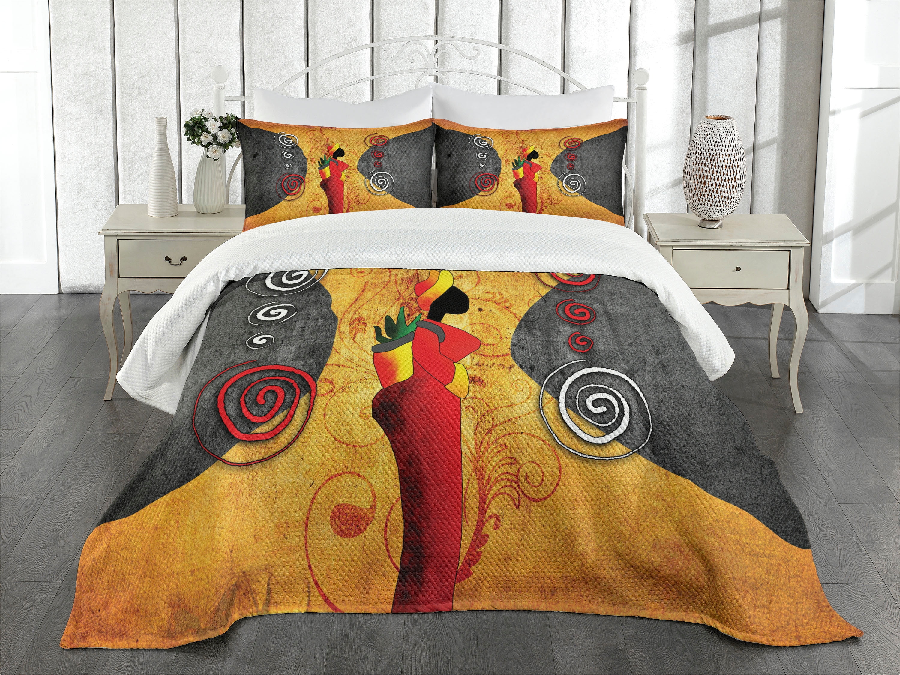 African Bedspread, Traditional Woman Surrounded by Swirling Motifs ...