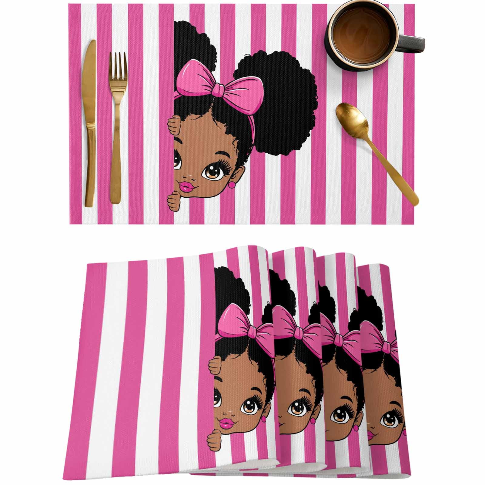 African Black Girl Peeking Placemats Set of 4,Wipeable Washable Table ...