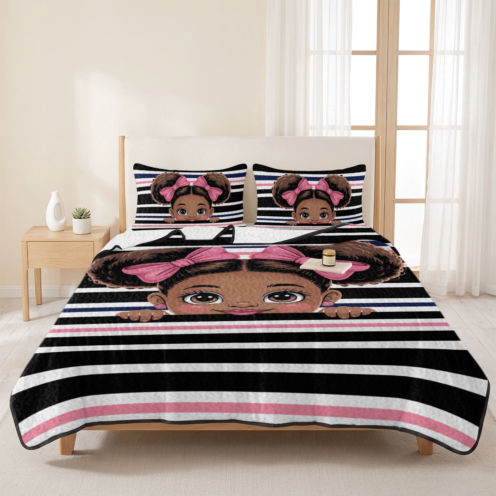 African Black Girl Pink Bow 3 Pieces Quilt Set,1 Quilt with 2 Shams ...