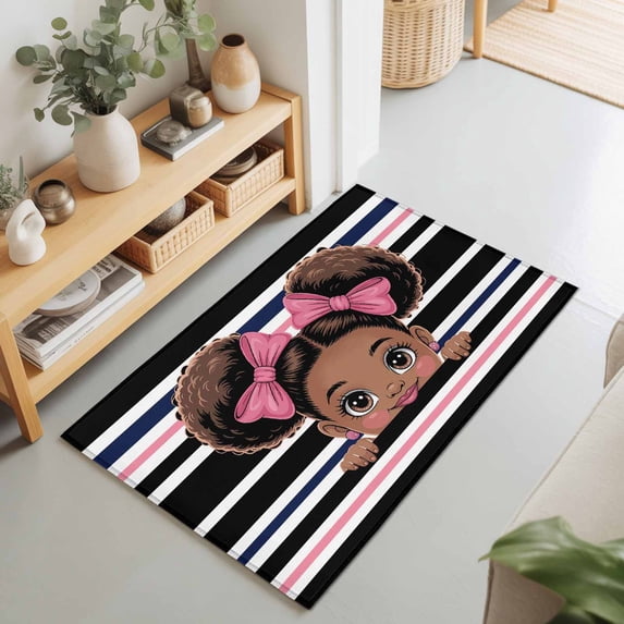 African Black Girl Pink Bow Rectangle Rug 2'x3' Black White Stripes ...