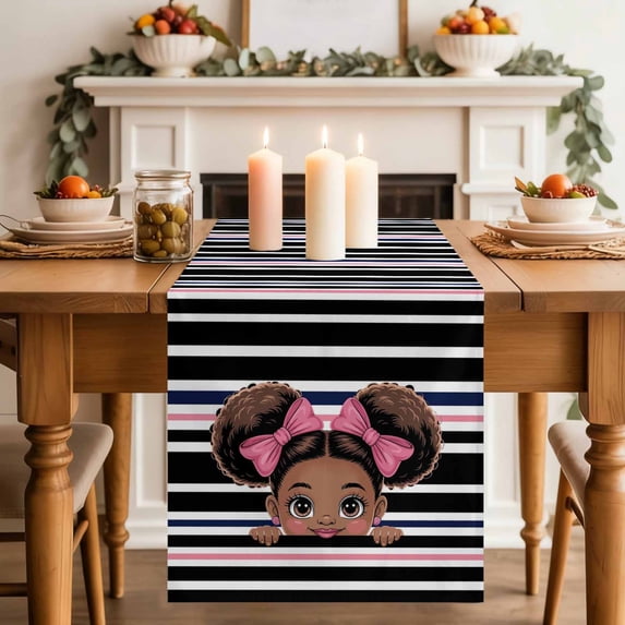 African Black Girl Pink Bow Table Runner 70 Inches Long,Kitchen Dining ...