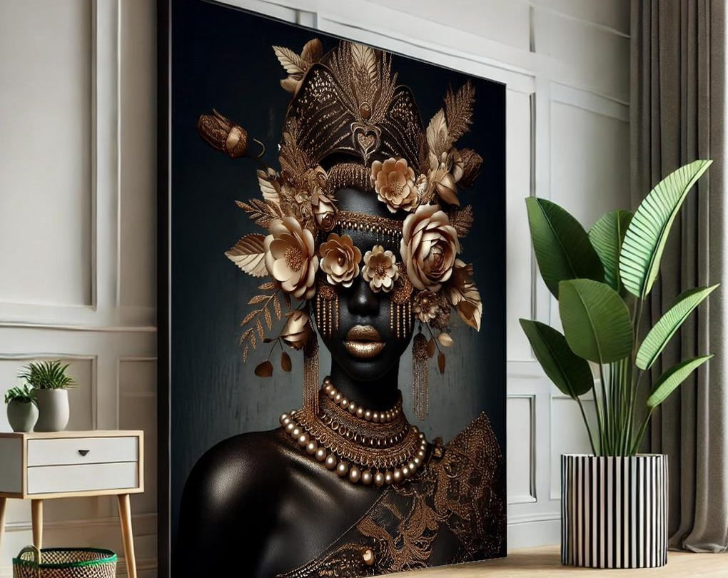 African Black Woman Portrait - Floral Regal Gold Queen Art For Dark ...