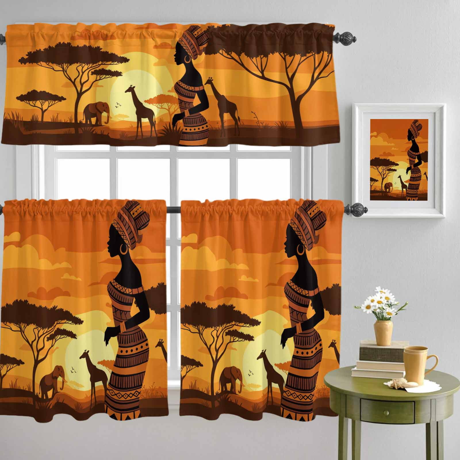 African Black Women Curtain Tier and Valance Set 3 Piece, Dusk Forest ...